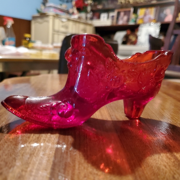 Accents | Fenton Amberina Ruby Red Glass Cabbage Rose Slipper | Poshmark
